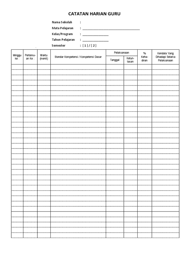 Contoh Format Catatan Harian Guru