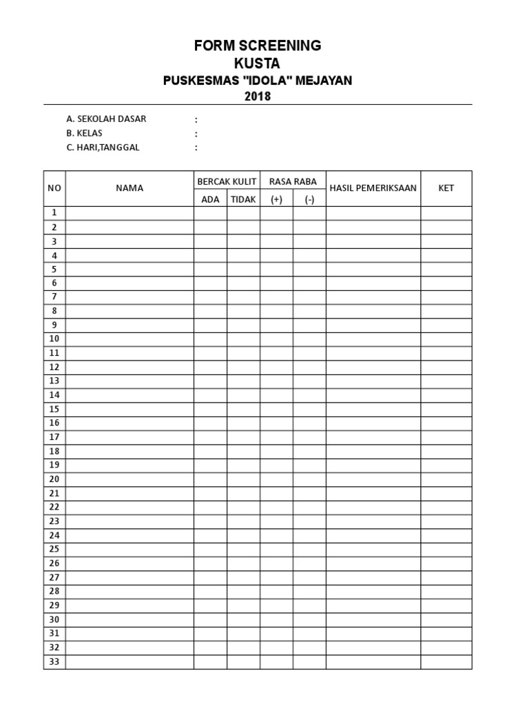 Form Screening Kusta: Puskesmas ''Idola'' Mejayan 2018 | PDF