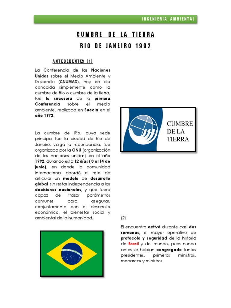 Cumbre de La Tierra en Rio de Janeiro 1992 | PDF | Desarrollo ...