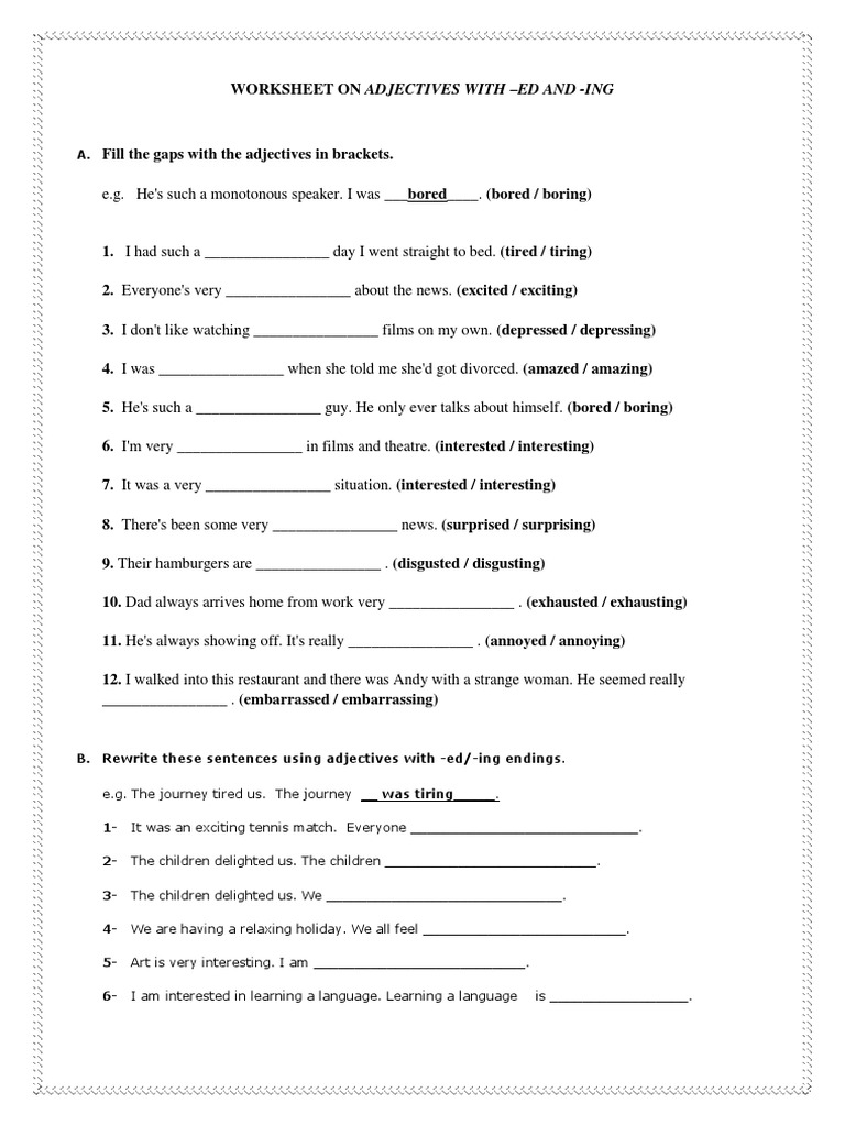 Worksheet On Adjectives With Ed and Ing | PDF