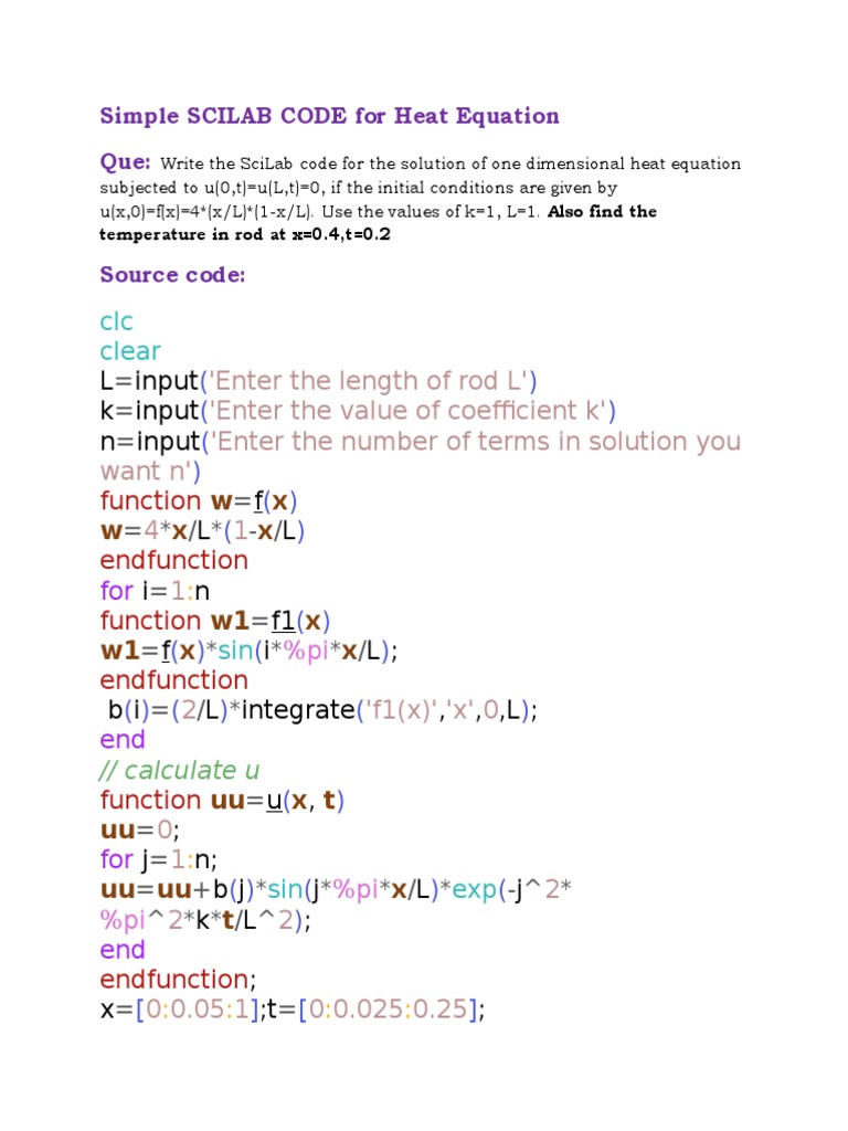 Simple SCILAB CODE For Heat Equation | PDF