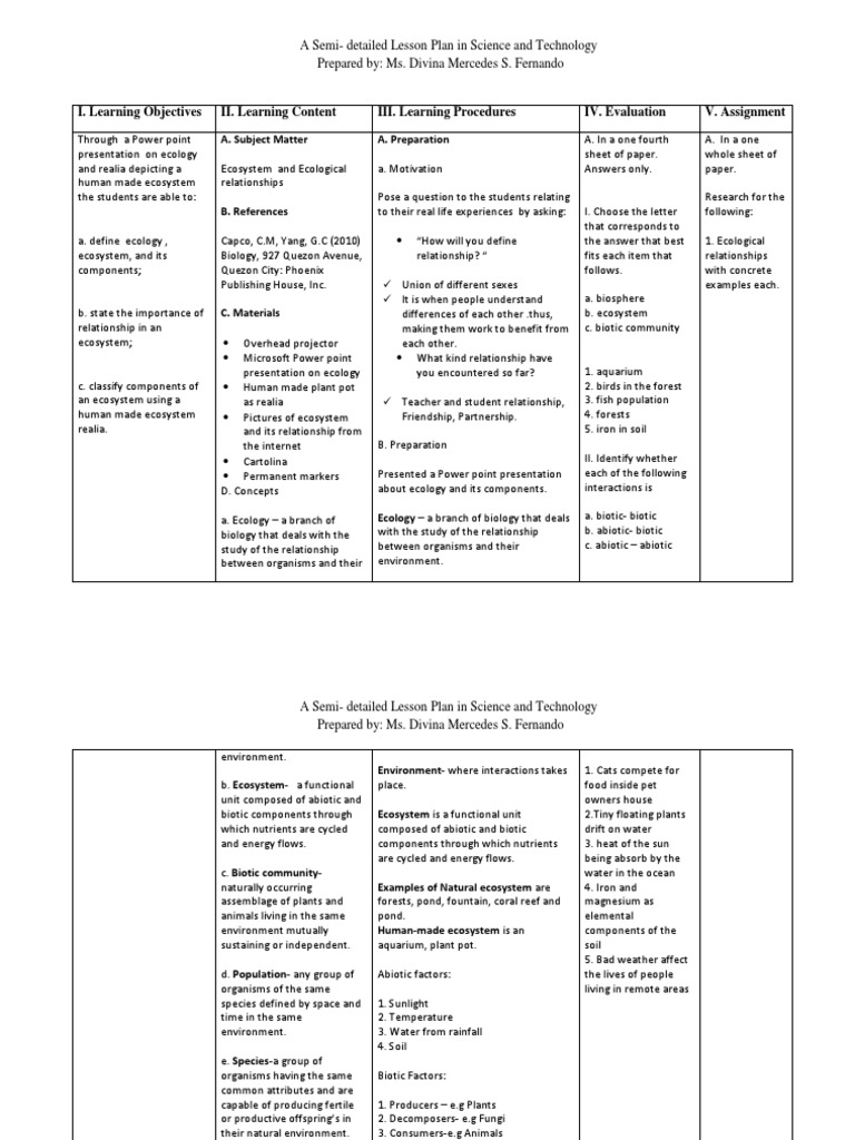 Lesson Plan in Ecosystem | Ecosystem | Natural Environment