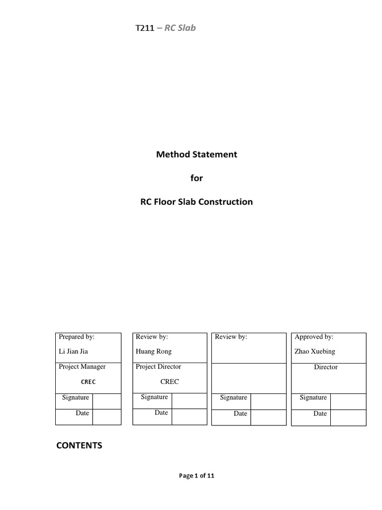 T211 Method Statement - RC Slab | PDF | Concrete | Pipe (Fluid Conveyance)