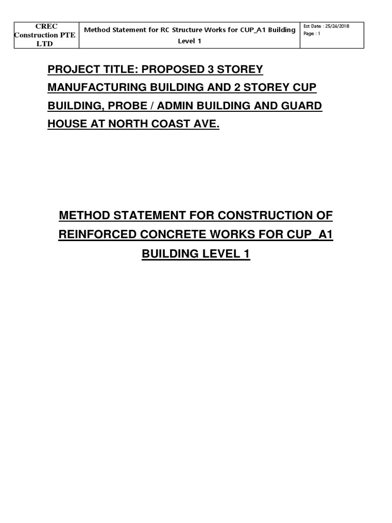 Method Statement CUP - A1 Building Level 1 | PDF | Concrete | Crane ...