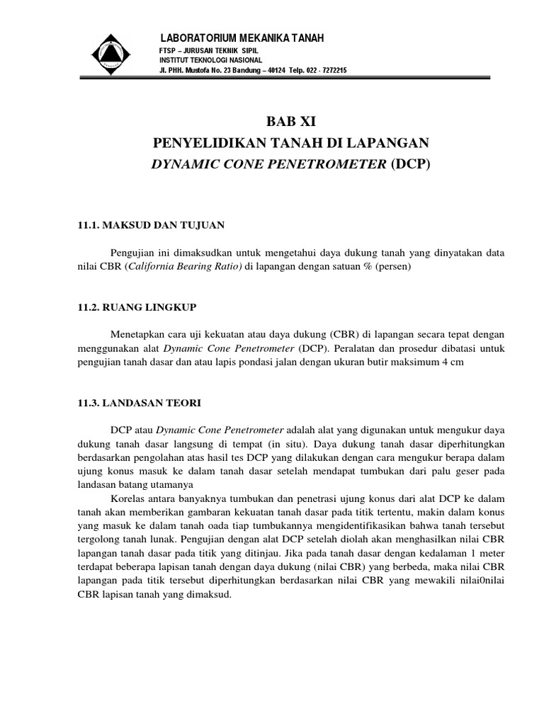 Bab Xi Penyelidikan Tanah Di Lapangan: Dynamic Cone Penetrometer (DCP) | PDF