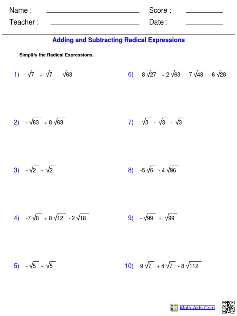 Algebra1 Radicals Addsub PDF | PDF | Teaching Mathematics