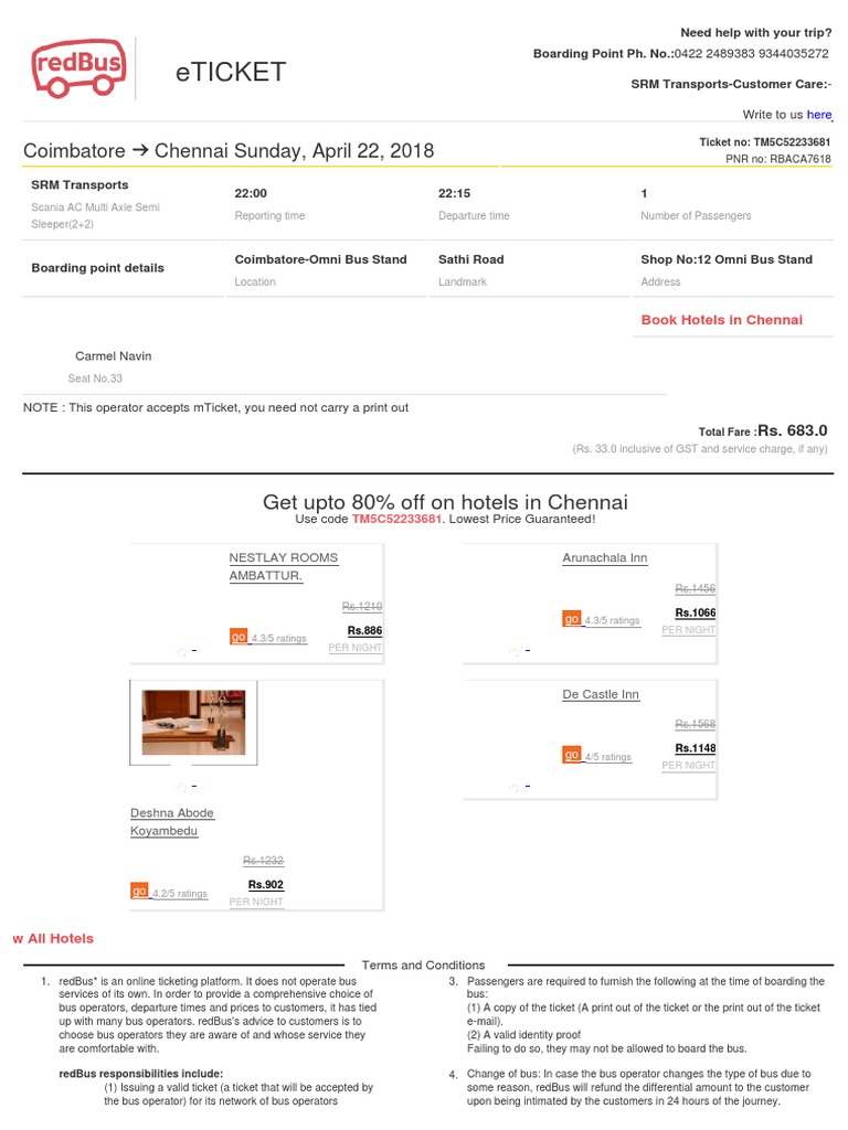 RedBus Ticket TM5C52233681 | Download Free PDF | Ticket (Admission) | Bus