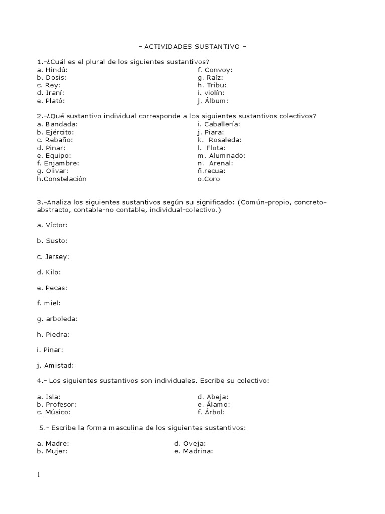 Ejercicios de Sustantivos para 1º y 2º ESO | PDF | Sustantivo ...