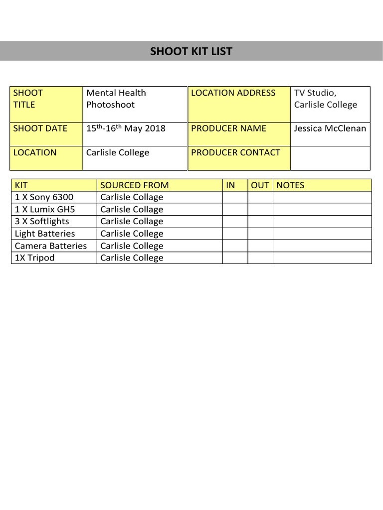 Shoot Kit List | PDF | Science & Mathematics