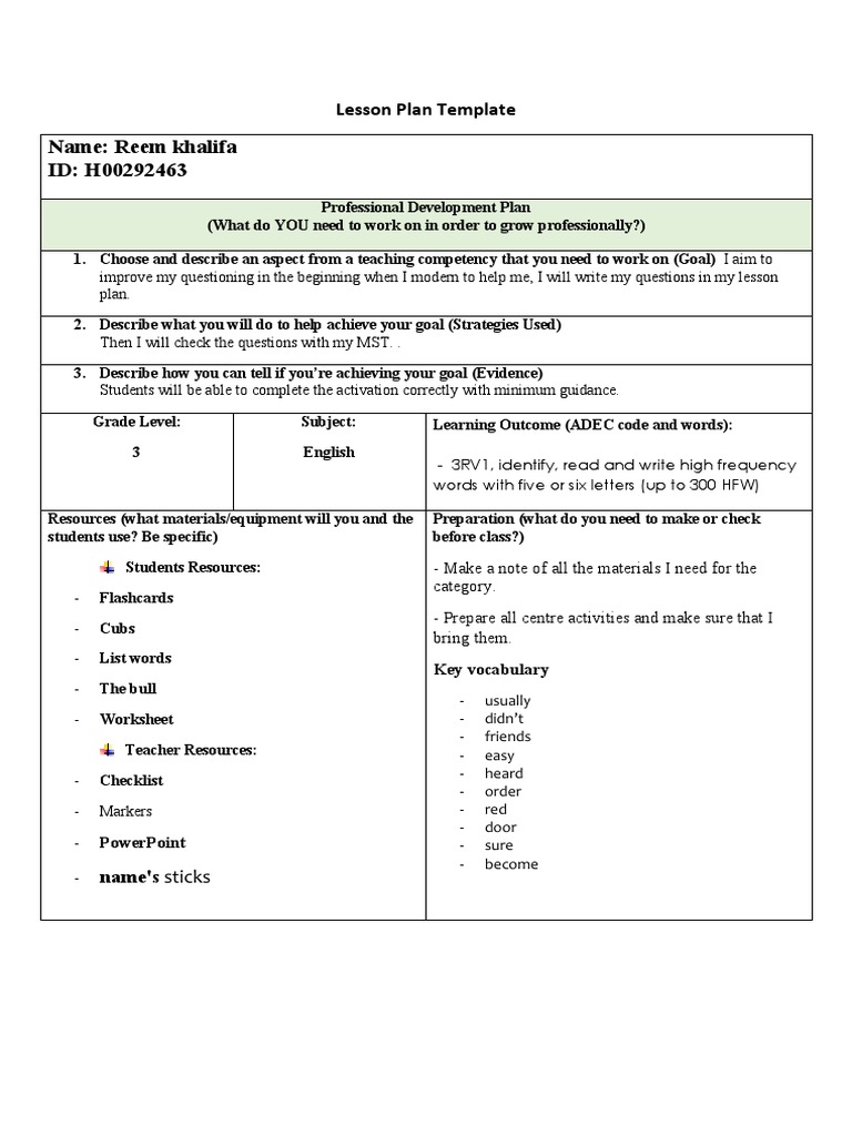 Lesson Plan and Reflection 13-3-2018 | PDF | Lesson Plan | Vocabulary