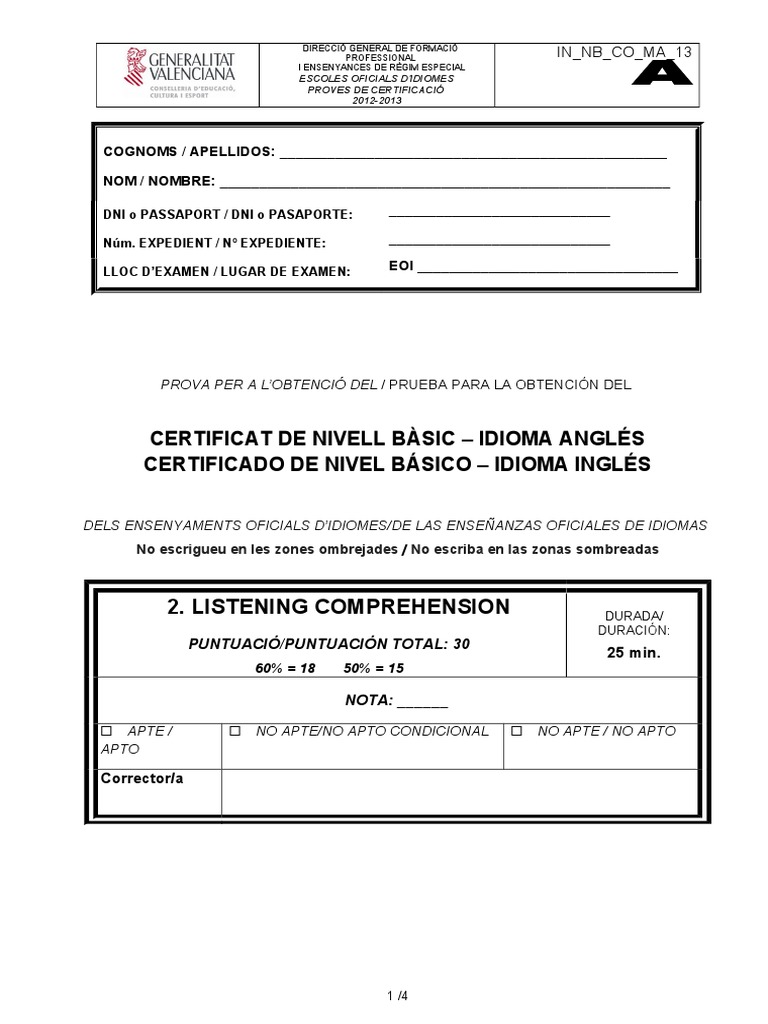 Certificat de Nivell Bàsic - Idioma Anglés Certificado de Nivel Básico ...