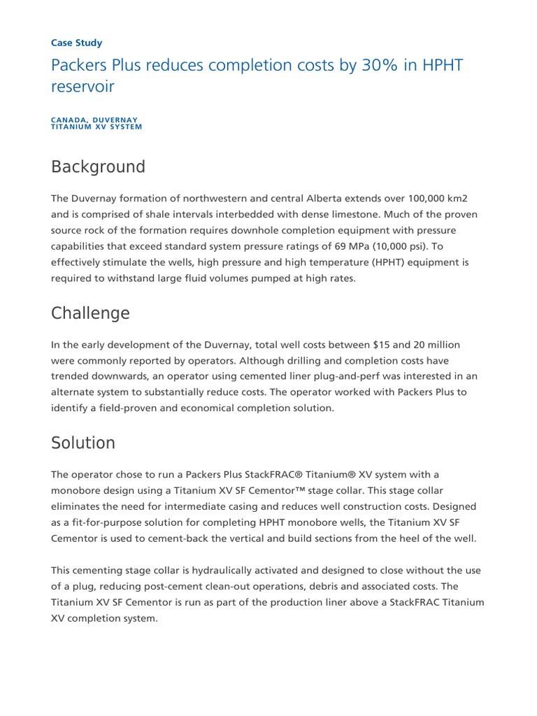 Packers Plus Reduces Completion Costs by 30% in HPHT Reservoir | PDF ...
