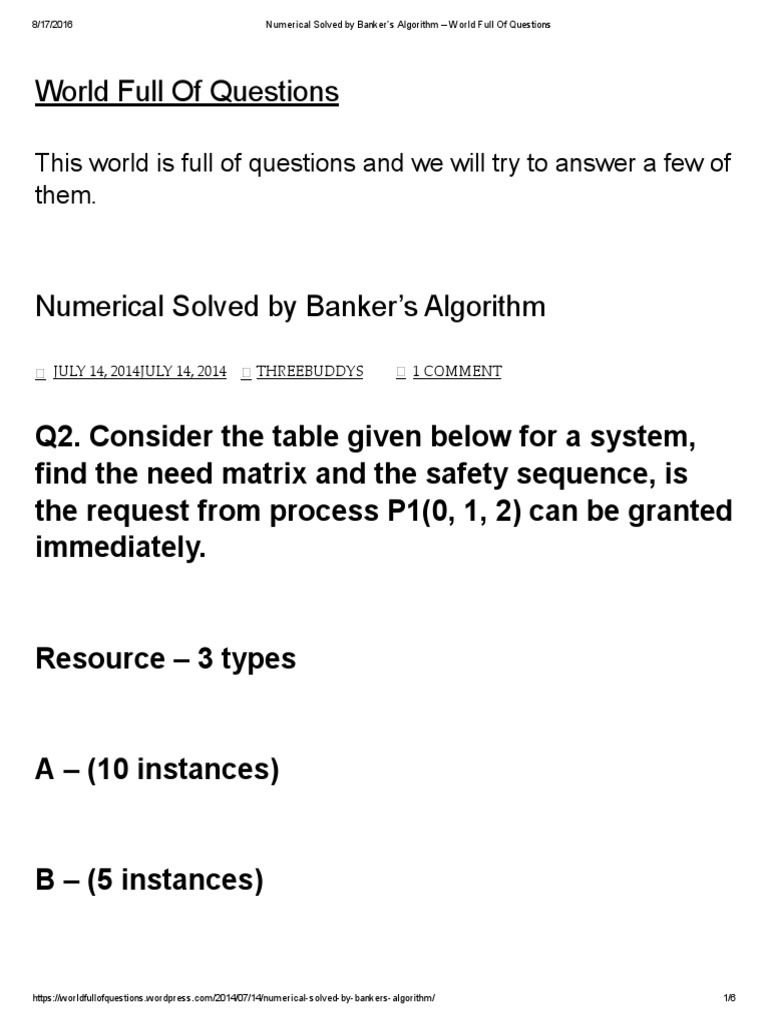 Numerical Solved by Banker's Algorithm - World Full of Questions | PDF ...