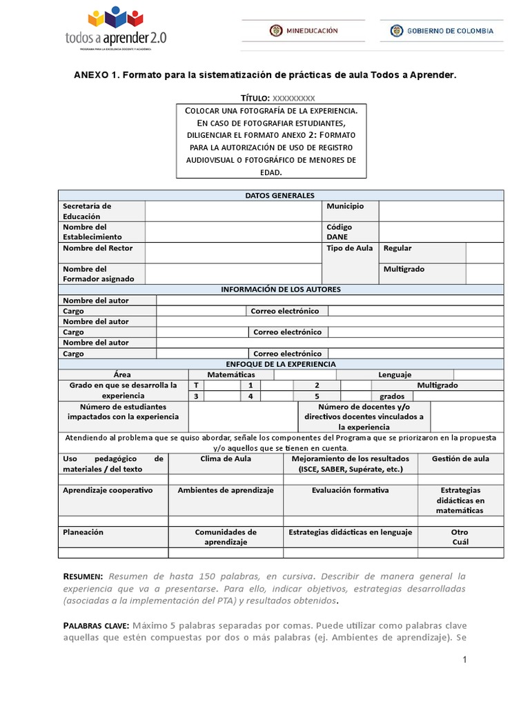 ANEXO 1. Formato para La Sistematizaci - N de PR - Cticas de Aula Todos A Aprender | PDF | Salón ...
