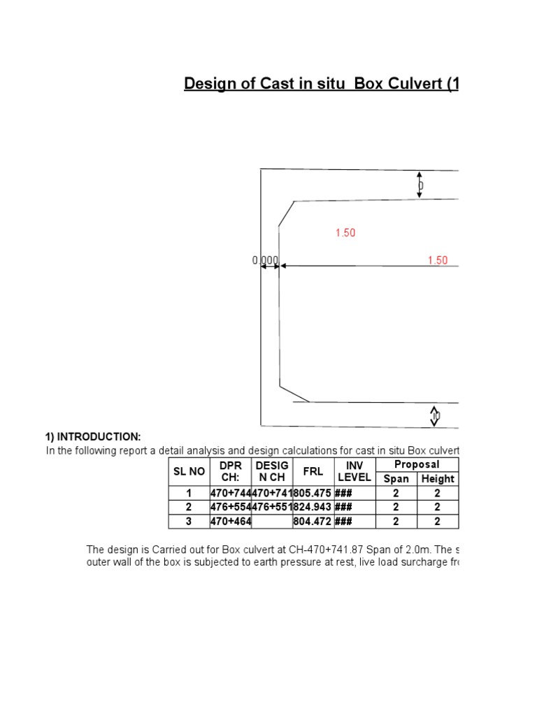 Design of Cast in Situ Box Culvert (1.5x1.5) Without Earth Cushion | PDF