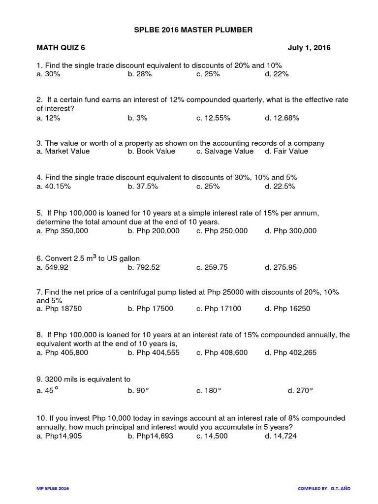 Master Plumber Math Quiz | PDF | Circle | Discounting
