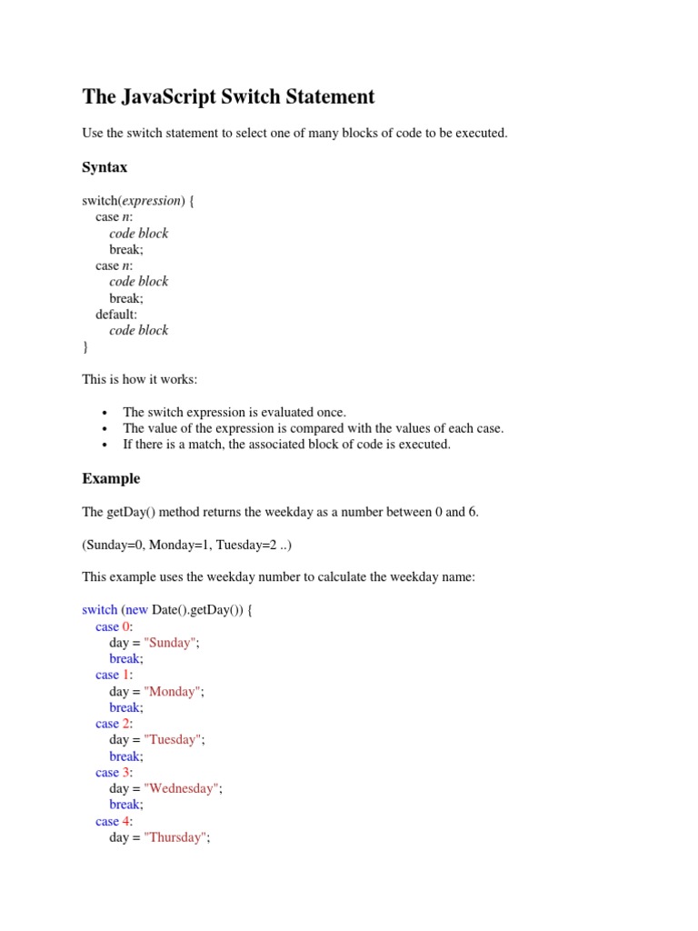 The Javascript Switch Statement: Syntax | Download Free PDF | Workweek ...