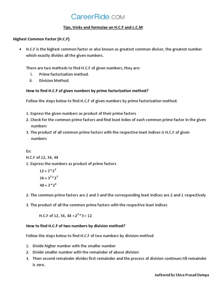 Tips Tricks and Formulae On H.C.F and L.C.M PDF | PDF | Fraction ...