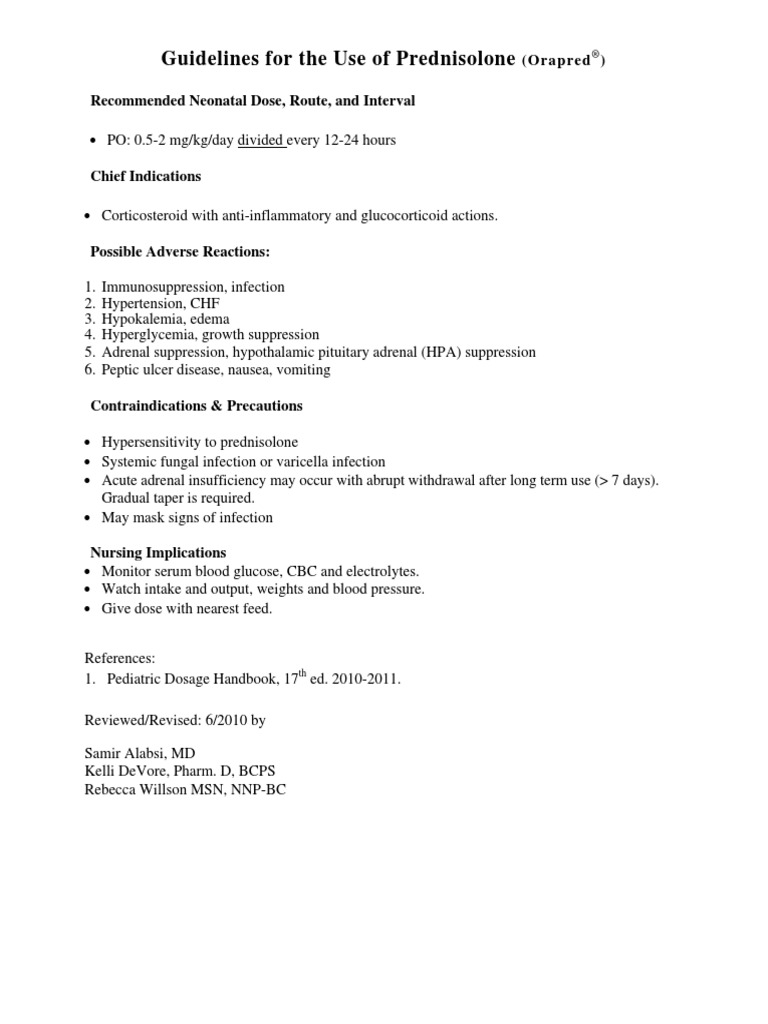 Guidelines For The Use of Prednisolone: (Orapred) Recommended Neonatal ...