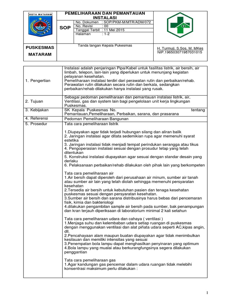 72.sop Pemeliharaan Dan Pemantauan Instalasi | PDF | Griya & Taman | Sains & Matematika