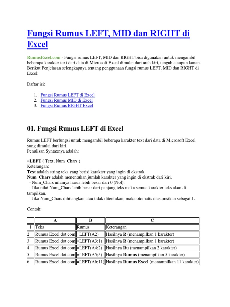 Fungsi Rumus LEFT, MID Dan RIGHT Di Excel | PDF