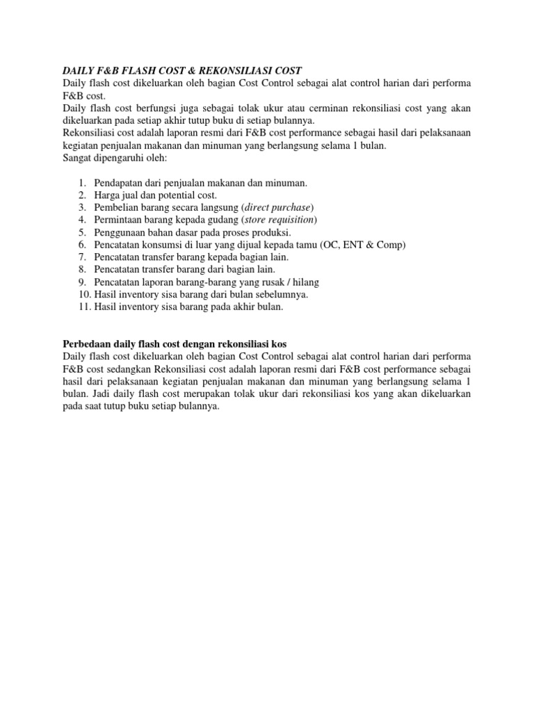 Daily F&B Flash Cost Overview | PDF