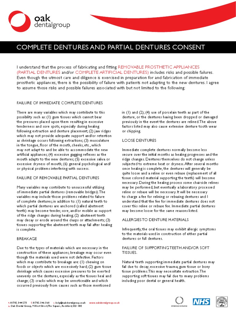 1943 Dentures Consent Form | PDF | Dentures | Dentistry