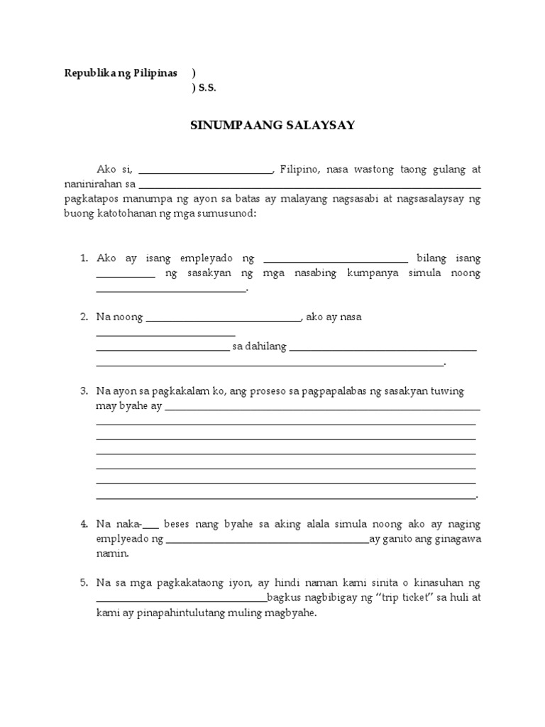Sinumpaang Salaysay: Republika NG Pilipinas) ) S.S | PDF