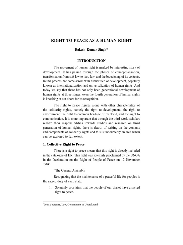 Right To Peace As A Human Right: Rakesh Kumar Singh | PDF | Natural And ...