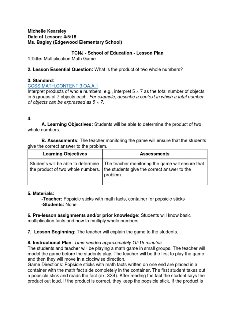Multiplication Math Game Lesson | PDF | Lesson Plan | Teachers
