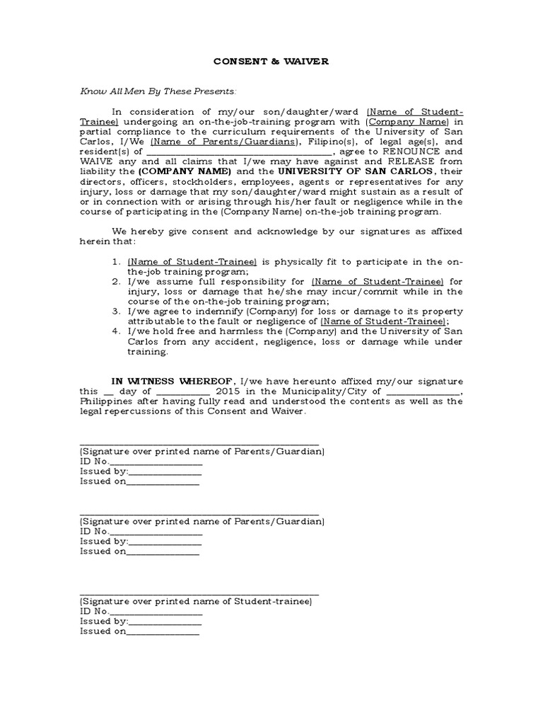 OJT Waiver and Consent - Summer 2015 | PDF | Signature | Legal Concepts