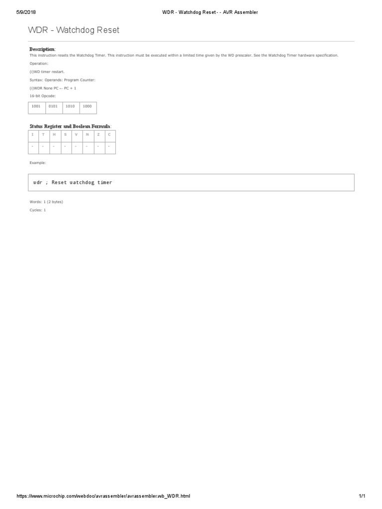 WDR - Watchdog Reset - AVR Assembler | PDF
