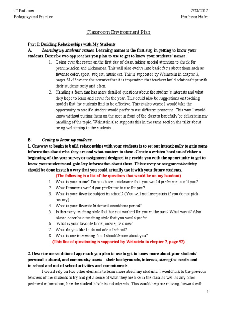 Classroom Environment Plan | PDF | Classroom Management | Teachers