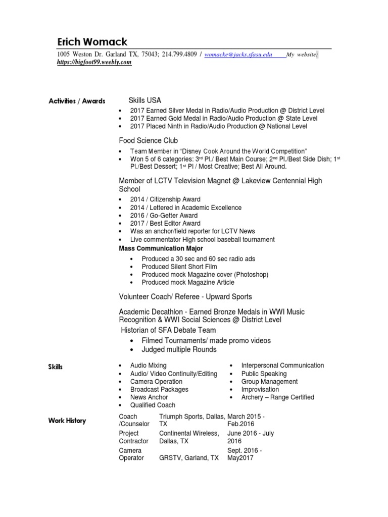Erich Womack Resume | Leisure