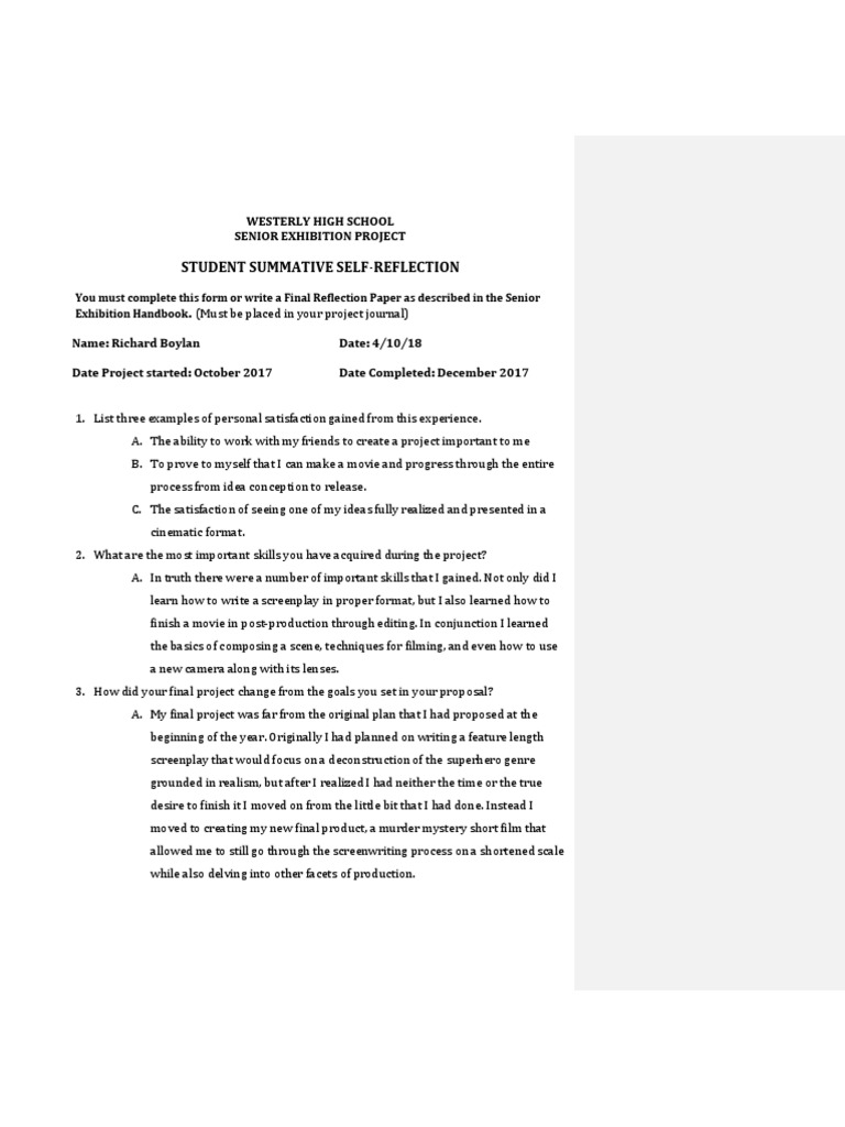 Student Summative Self Evaluation | PDF | Filmmaking | Screenplay