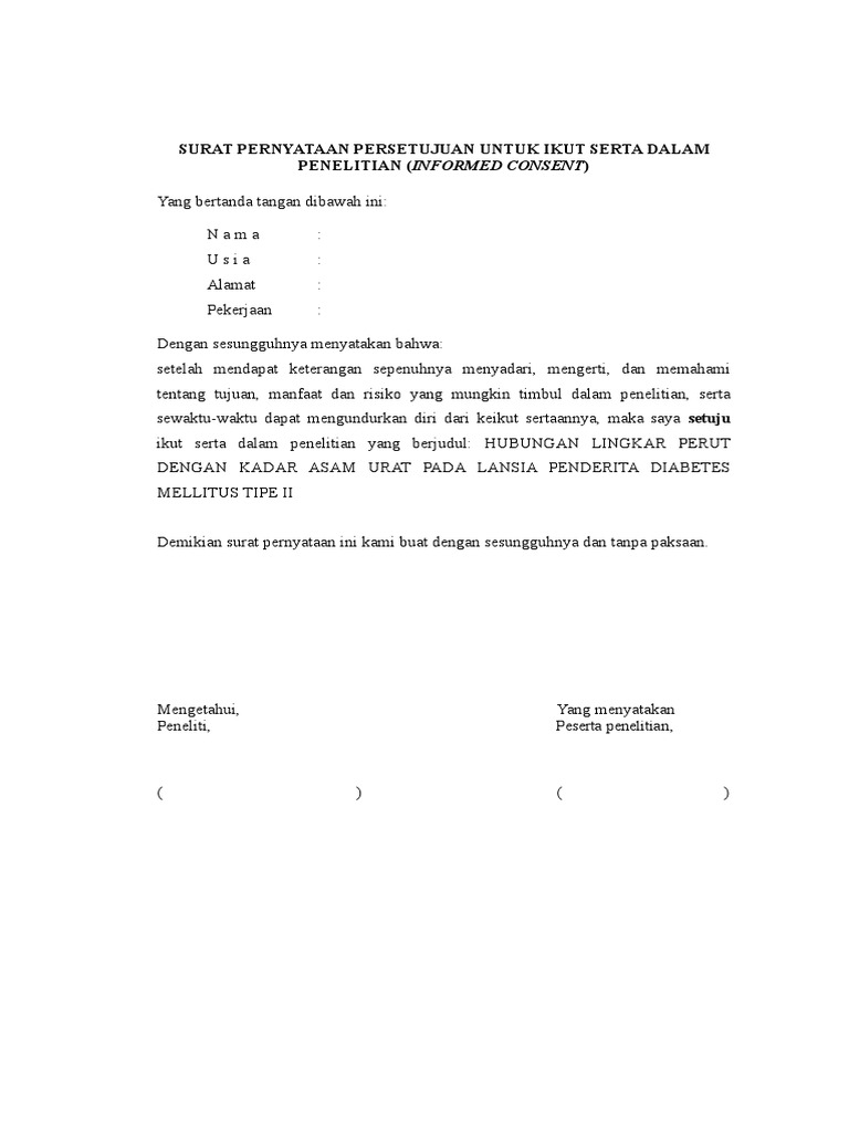 Surat Pernyataan Persetujuan Untuk Ikut Serta Dalam Penelitian ...