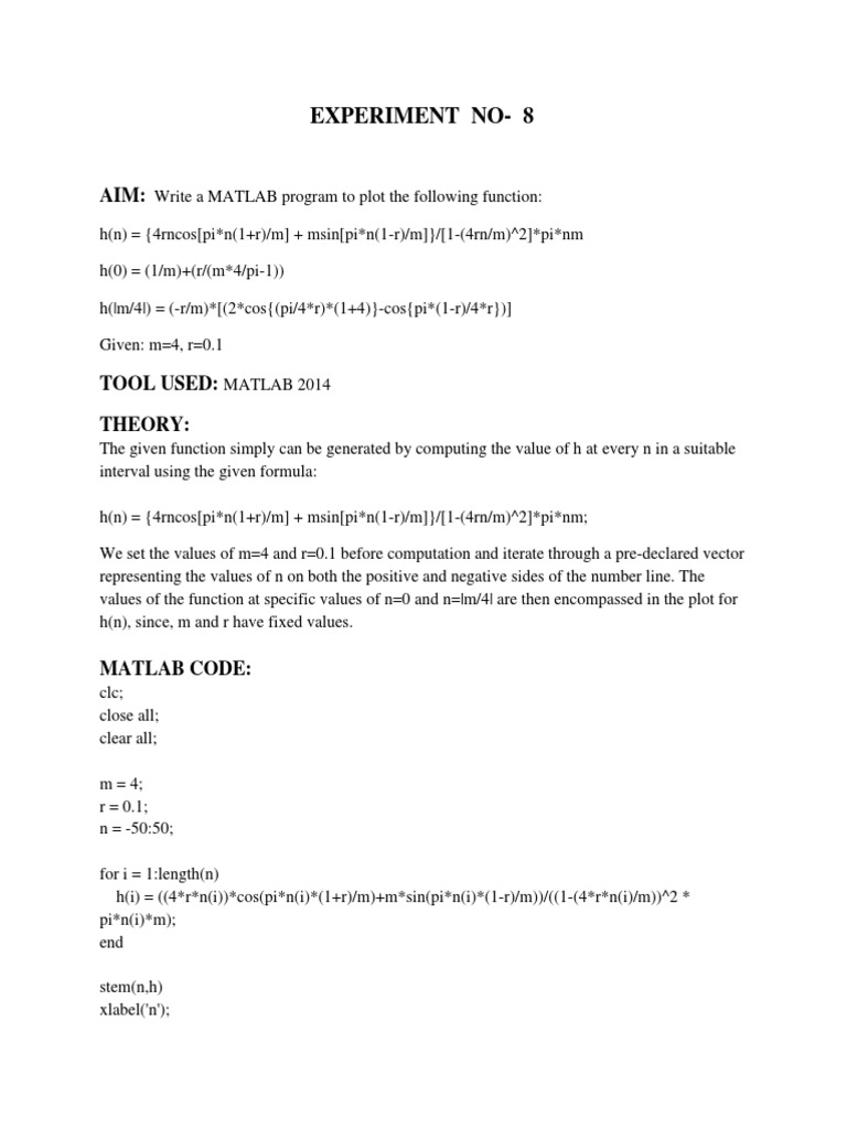 Experiment No 8 Write A Matlab Program To Plot The Following Function Pdf Pi Function
