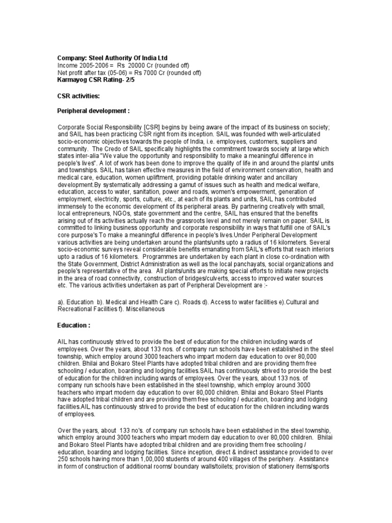 Sail CSR | PDF | Corporate Social Responsibility | Economies