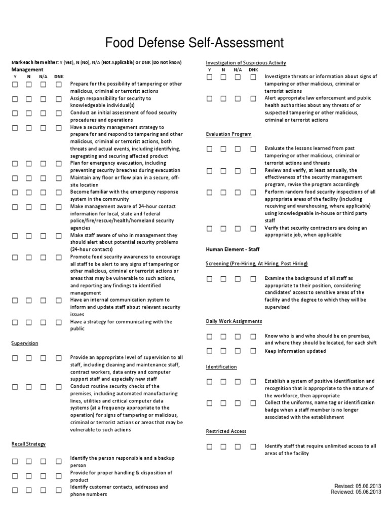 Food Defense Self-Assessment Checklist | PDF | Computer Security | Security