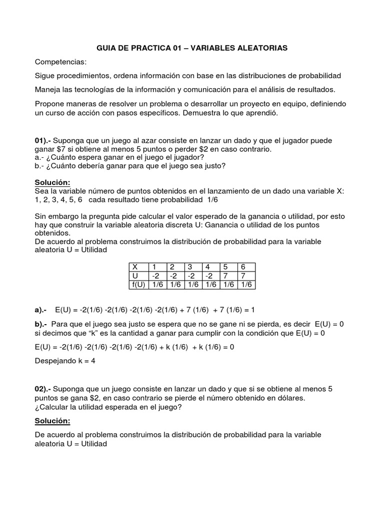 01 Guia de Practica - Variables Aleatorias | Descargar gratis PDF | Variable aleatoria ...