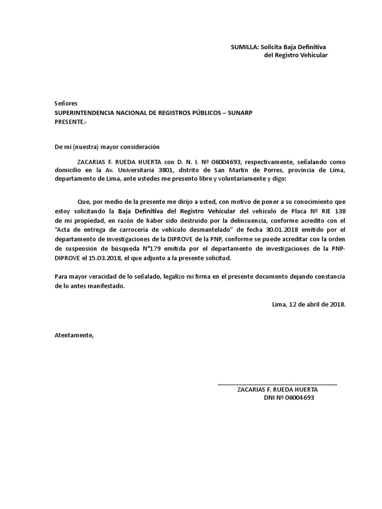Solicitud de Baja Definitiva Vehicular | PDF