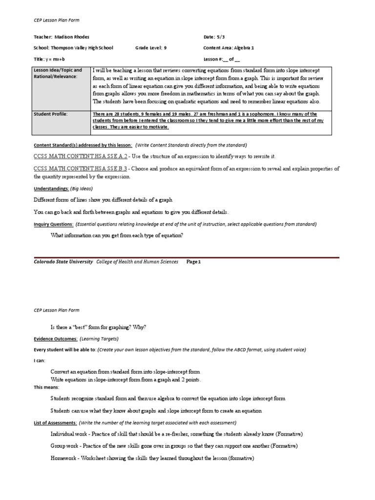CEP Lesson Plan Form: Lesson Idea/Topic and Rational/Relevance | PDF ...