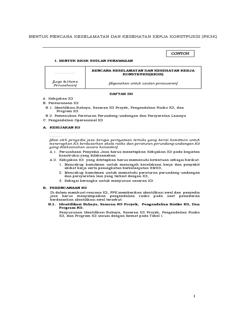Bentuk Rencana Keselamatan Dan Kesehatan Kerja Konstruksi (Rk3K) | PDF