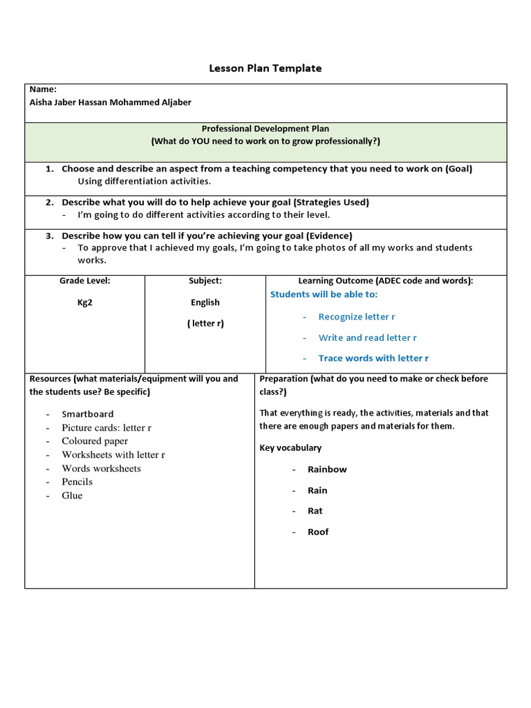Kindergarten Letter R Lesson Plan | PDF | Lesson Plan | Applied Psychology