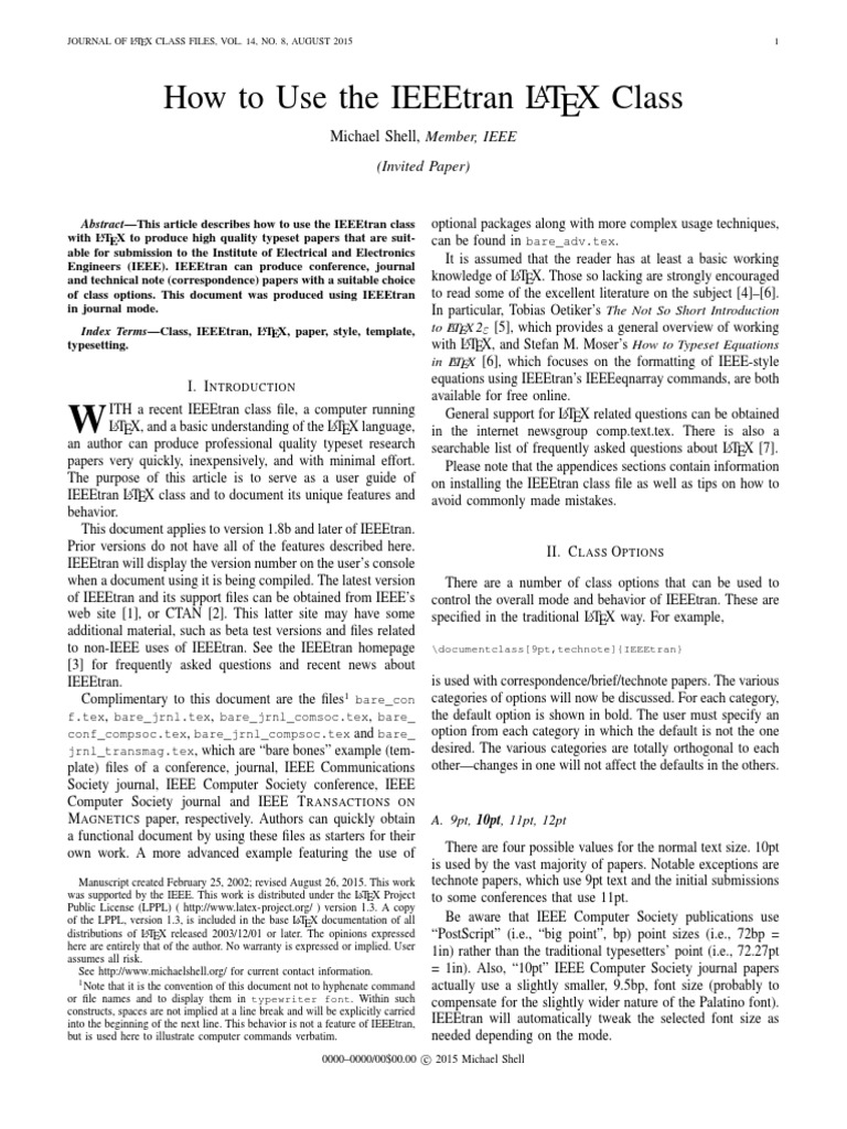 How To Use The Ieeetran L Tex Class: Michael Shell, Member, Ieee (Invited Paper) | PDF | Te X ...