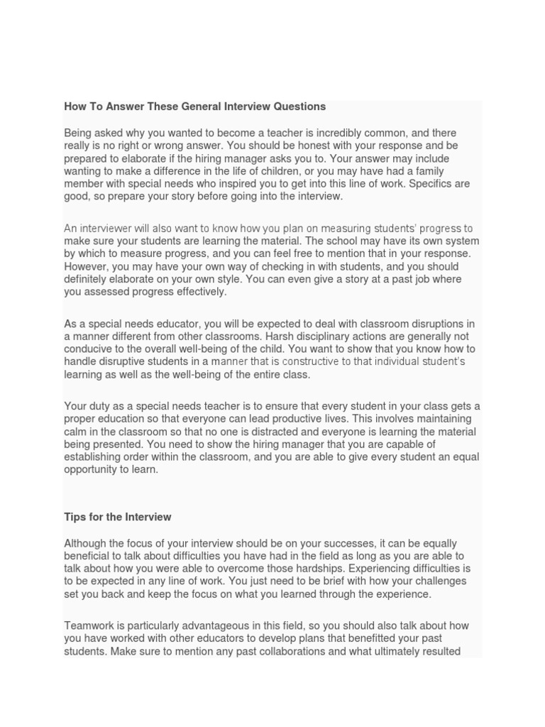 Sped Interview Questions and Answers | PDF | Special Education ...