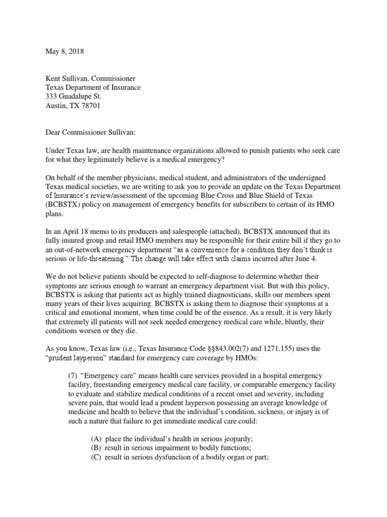 TMA Letter to Texas Department of Insurance Re Blue Cross ER Policy ...
