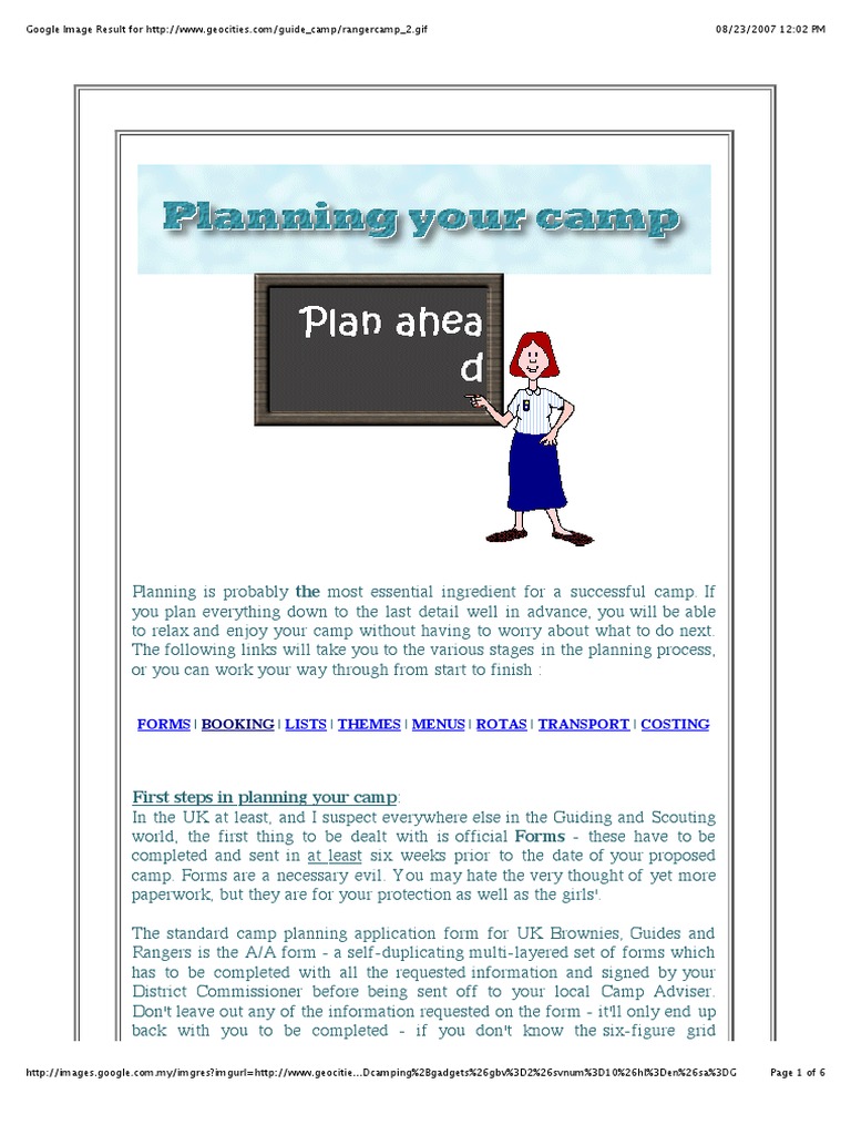 First Steps in Planning Your Camp:: Forms Lists Themes Menus Rotas ...