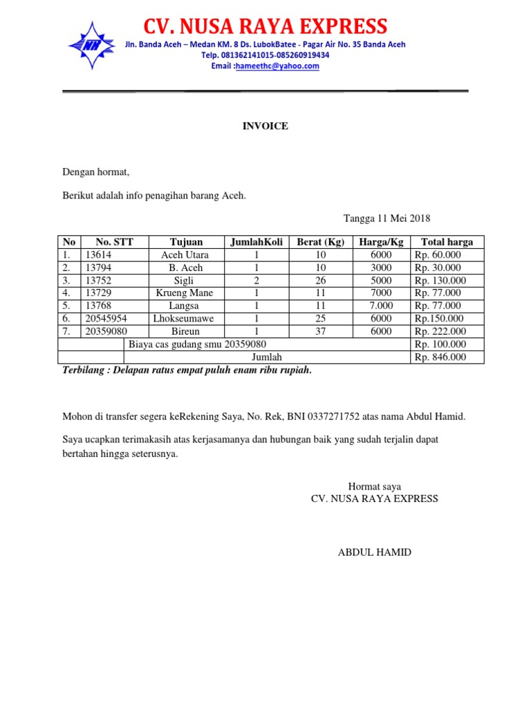 Invoice: Terbilang: Delapan Ratus Empat Puluh Enam Ribu Rupiah | PDF
