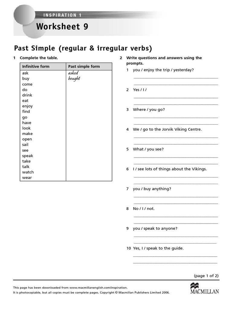 Worksheet 9: Past Simple (Regular & Irregular Verbs) | PDF
